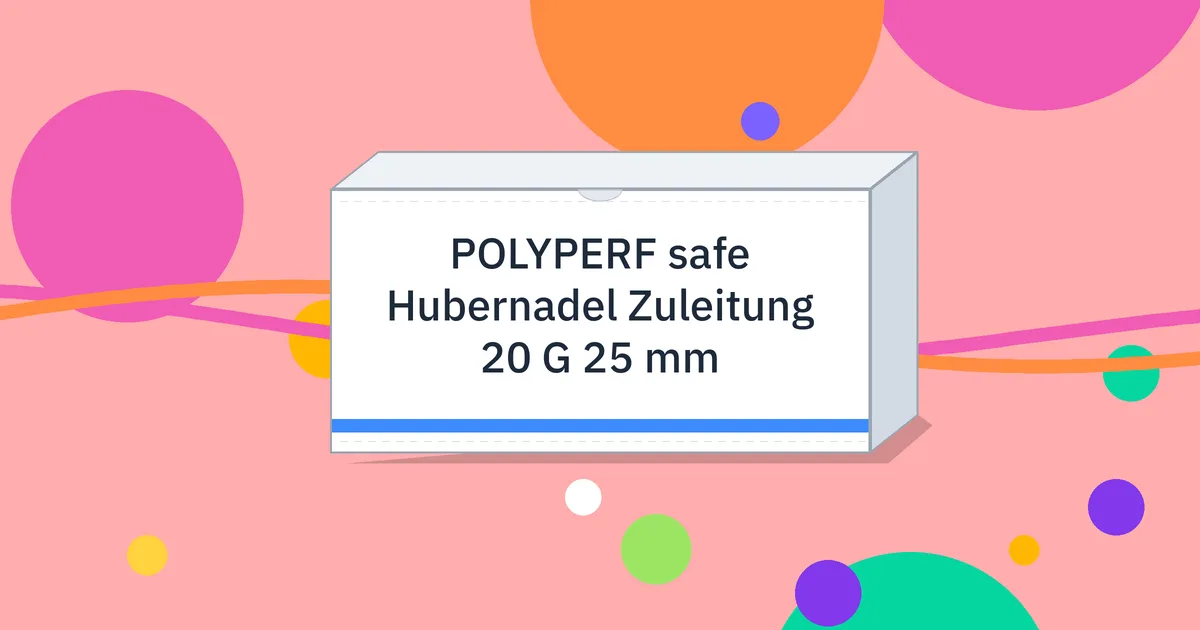Symbolbild: Packung mit der Aufschrift POLYPERF safe Hubernadel Zuleitung 20 G 25 mm (PZN 12426336) – Verfügbarkeit und Bezug in Apotheken in Frankfurt am Main