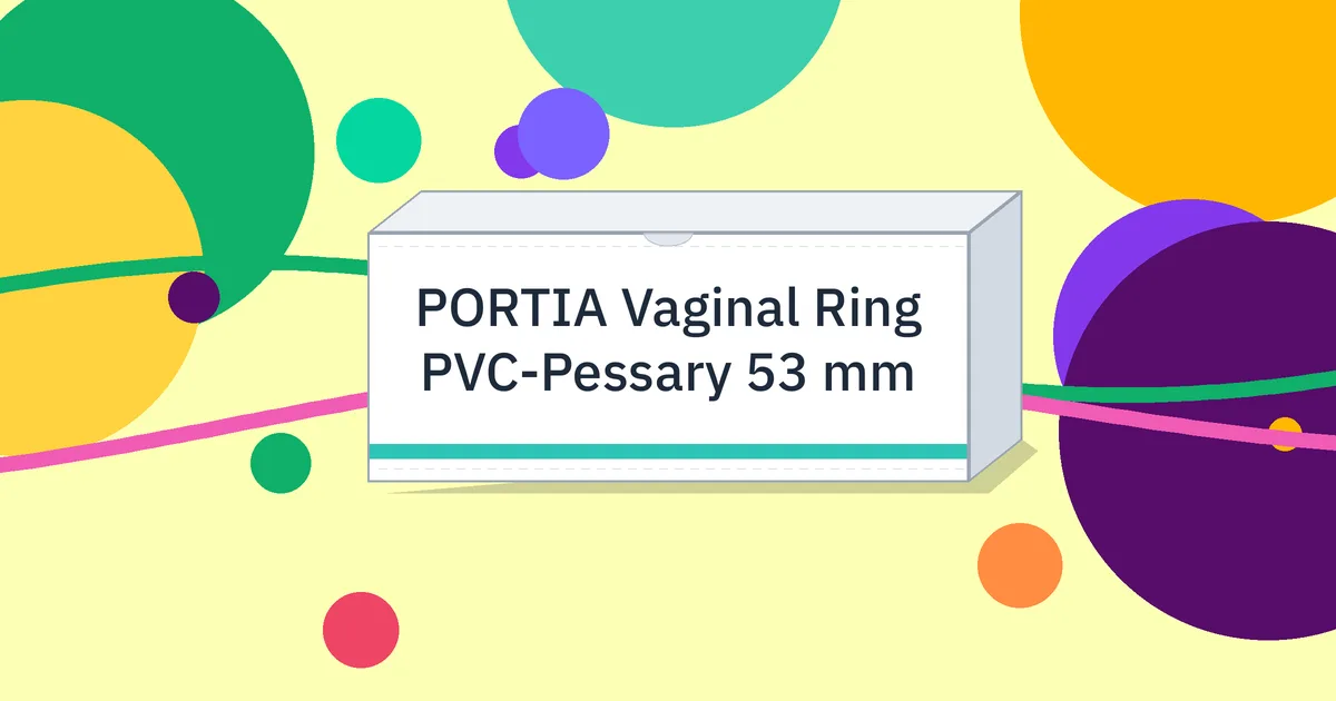 Symbolbild: Packung mit der Aufschrift PORTIA Vaginal Ring PVC-Pessary 53 mm (PZN 12742876) – Verfügbarkeit und Bezug in Apotheken in Frankfurt am Main