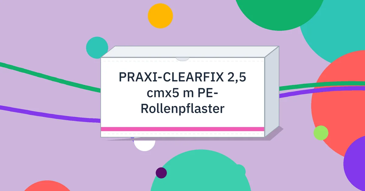 Symbolbild: Packung mit der Aufschrift PRAXI-CLEARFIX 2,5 cmx5 m PE-Rollenpflaster (PZN 12825504) – Verfügbarkeit und Bezug in Apotheken in Frankfurt am Main