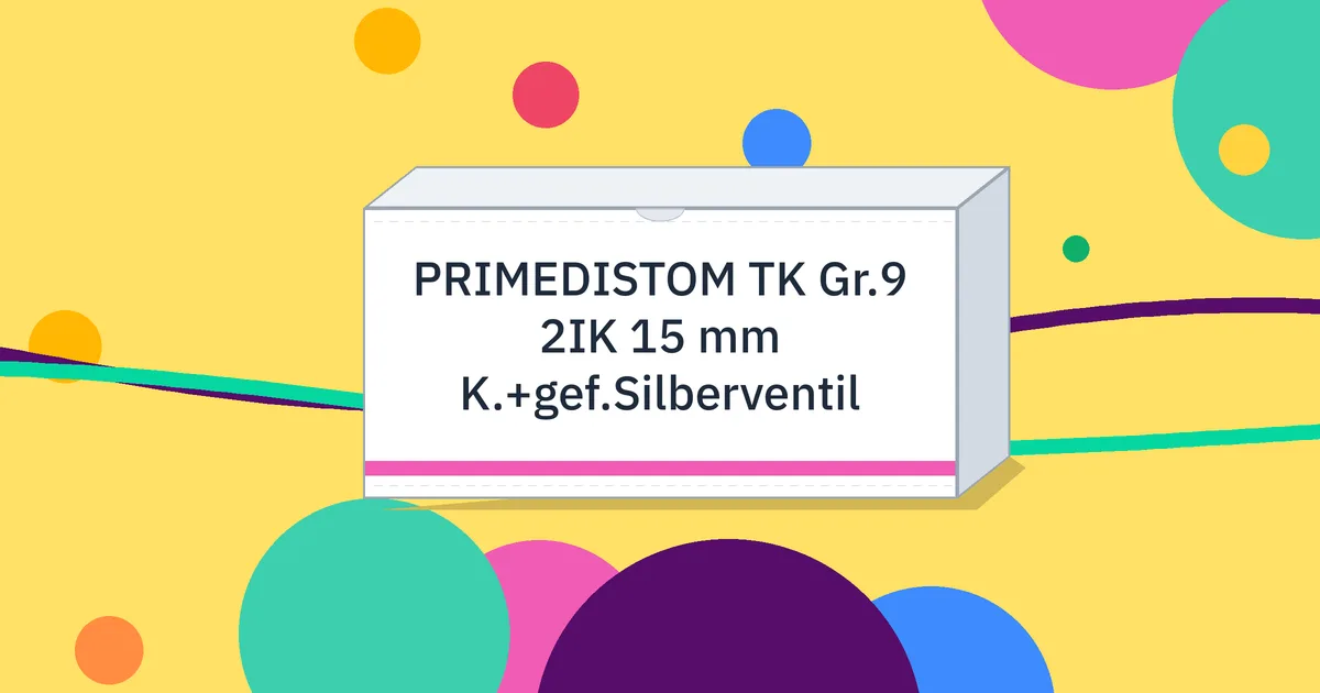 Symbolbild: Packung mit der Aufschrift PRIMEDISTOM TK Gr.9 2IK 15 mm K.+gef.Silberventil (PZN 10230103) – Verfügbarkeit und Bezug in Apotheken in Frankfurt am Main