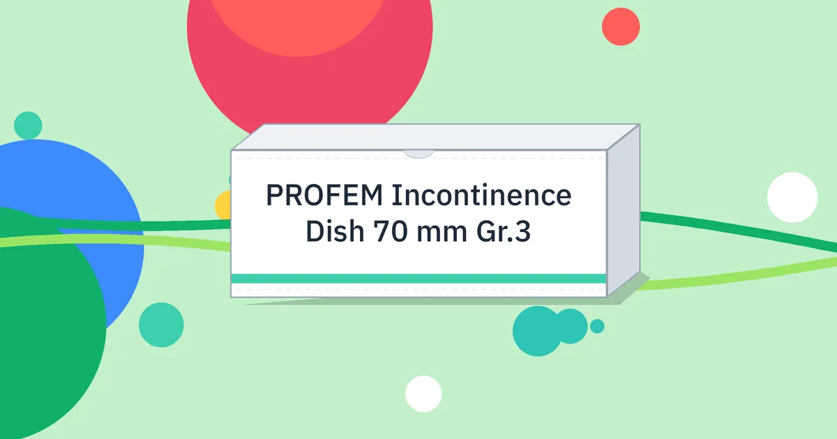 Symbolbild: Packung mit der Aufschrift PROFEM Incontinence Dish 70 mm Gr.3 (PZN 19641351) – Verfügbarkeit und Bezug in Apotheken in Frankfurt am Main