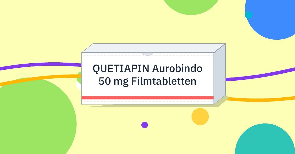 Symbolbild: Packung mit der Aufschrift QUETIAPIN Aurobindo 50 mg Filmtabletten (PZN 18428632) – Verfügbarkeit und Bezug in Apotheken in Frankfurt am Main