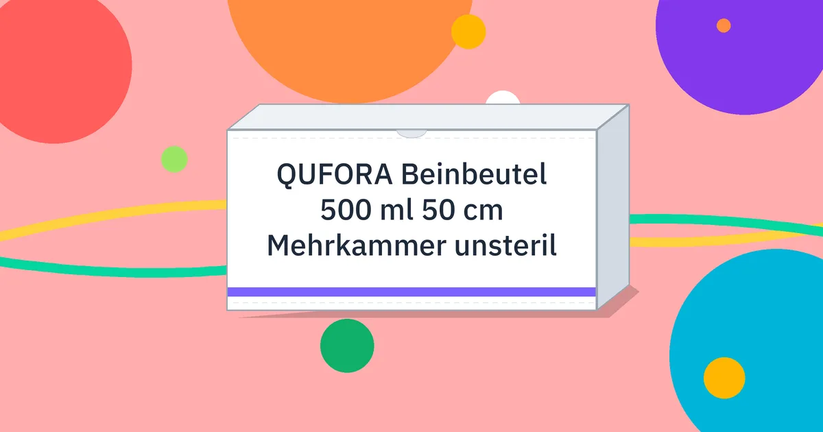 Symbolbild: Packung mit der Aufschrift QUFORA Beinbeutel 500 ml 50 cm Mehrkammer unsteril (PZN 02292981) – Verfügbarkeit und Bezug in Apotheken in Frankfurt am Main