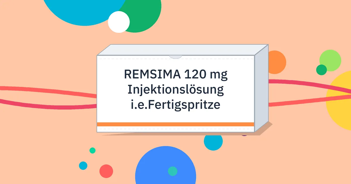 Symbolbild: Packung mit der Aufschrift REMSIMA 120 mg Injektionslösung i.e.Fertigspritze (PZN 16505676) – Verfügbarkeit und Bezug in Apotheken in Frankfurt am Main