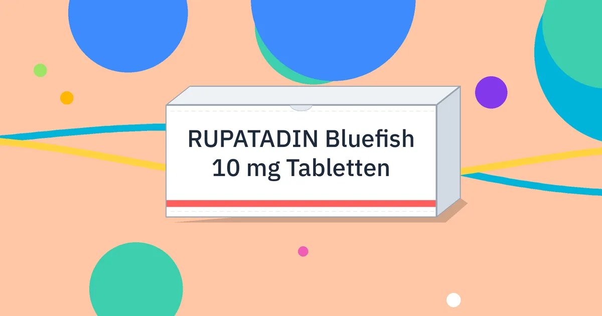 Symbolbild: Packung mit der Aufschrift RUPATADIN Bluefish 10 mg Tabletten (PZN 13247877) – Verfügbarkeit und Bezug in Apotheken in Frankfurt am Main