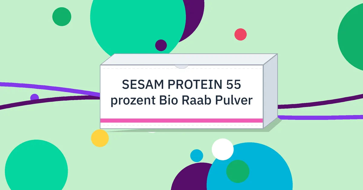 Symbolbild: Packung mit der Aufschrift SESAM PROTEIN 55 prozent Bio Raab Pulver (PZN 11612137) – Verfügbarkeit und Bezug in Apotheken in Frankfurt am Main