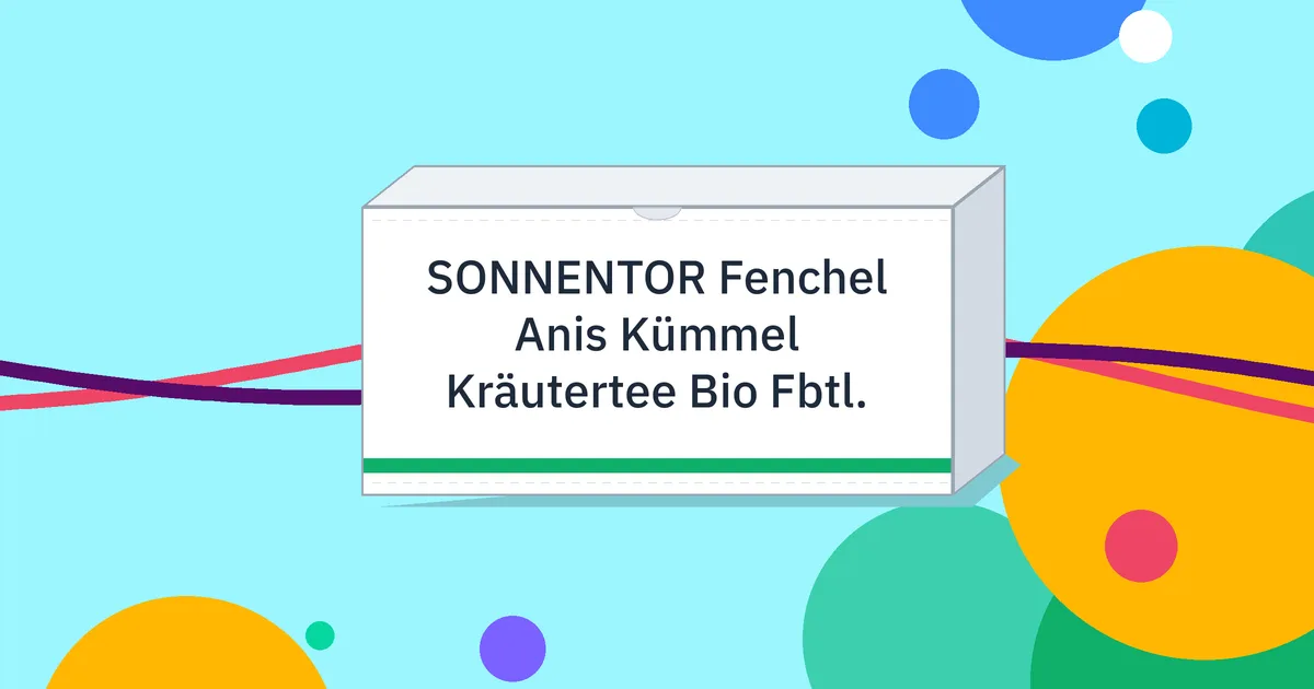 Symbolbild: Packung mit der Aufschrift SONNENTOR Fenchel Anis Kümmel Kräutertee Bio Fbtl. (PZN 18903731) – Verfügbarkeit und Bezug in Apotheken in Frankfurt am Main