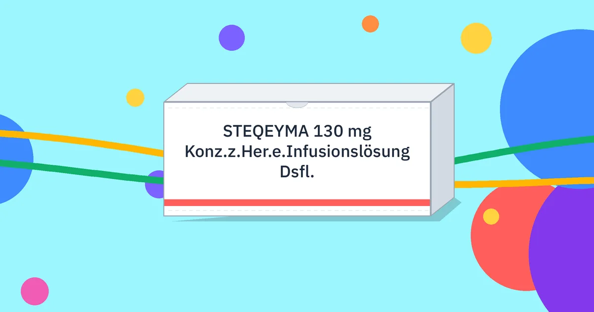 Symbolbild: Packung mit der Aufschrift STEQEYMA 130 mg Konz.z.Her.e.Infusionslösung Dsfl. (PZN 20133341) – Verfügbarkeit und Bezug in Apotheken in Frankfurt am Main
