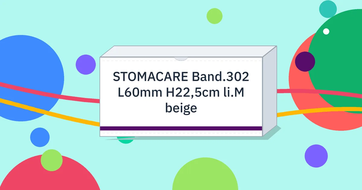Symbolbild: Packung mit der Aufschrift STOMACARE Band.302 L60mm H22,5cm li.M beige (PZN 10840037) – Verfügbarkeit und Bezug in Apotheken in Frankfurt am Main