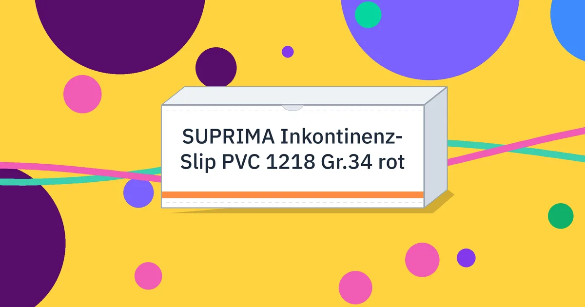 Symbolbild: Packung mit der Aufschrift SUPRIMA Inkontinenz-Slip PVC 1218 Gr.34 rot (PZN 03466288) – Verfügbarkeit und Bezug in Apotheken in Frankfurt am Main