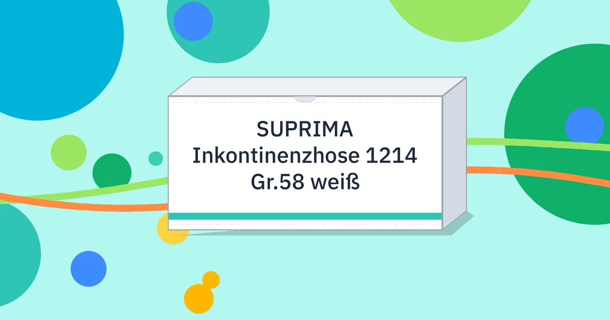 Symbolbild: Packung mit der Aufschrift SUPRIMA Inkontinenzhose 1214 Gr.58 weiß (PZN 02852606) – Verfügbarkeit und Bezug in Apotheken in Frankfurt am Main