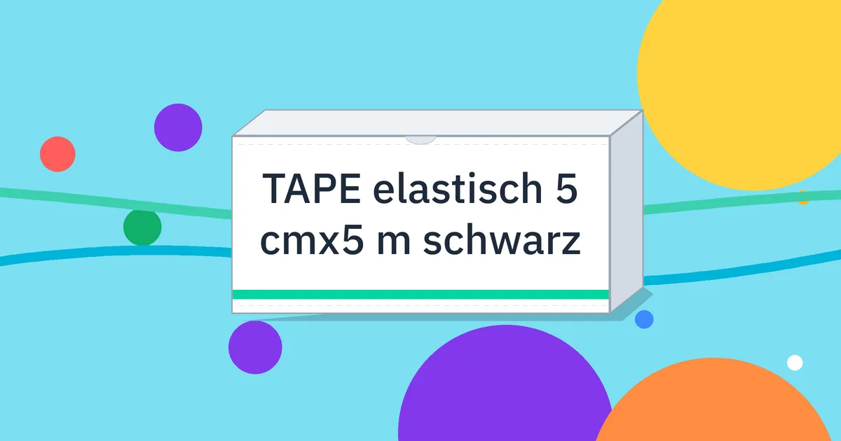 Symbolbild: Packung mit der Aufschrift TAPE elastisch 5 cmx5 m schwarz (PZN 09303742) – Verfügbarkeit und Bezug in Apotheken in Frankfurt am Main