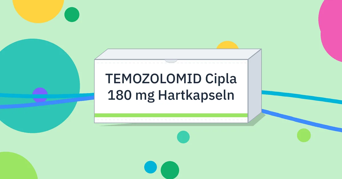 Symbolbild: Packung mit der Aufschrift TEMOZOLOMID Cipla 180 mg Hartkapseln (PZN 17916878) – Verfügbarkeit und Bezug in Apotheken in Frankfurt am Main