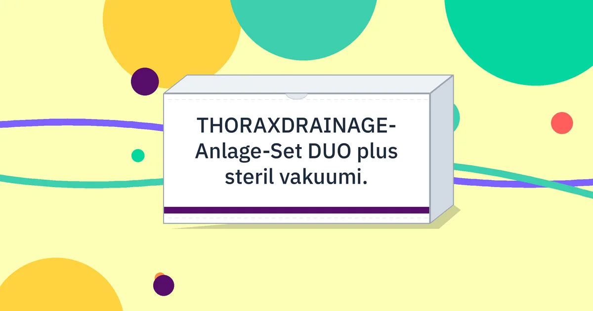 Symbolbild: Packung mit der Aufschrift THORAXDRAINAGE-Anlage-Set DUO plus steril vakuumi. (PZN 19375702) – Verfügbarkeit und Bezug in Apotheken in Frankfurt am Main