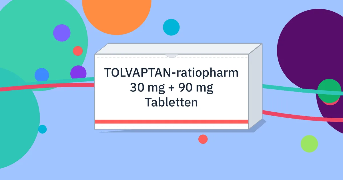 Symbolbild: Packung mit der Aufschrift TOLVAPTAN-ratiopharm 30 mg + 90 mg Tabletten (PZN 19542790) – Verfügbarkeit und Bezug in Apotheken in Frankfurt am Main