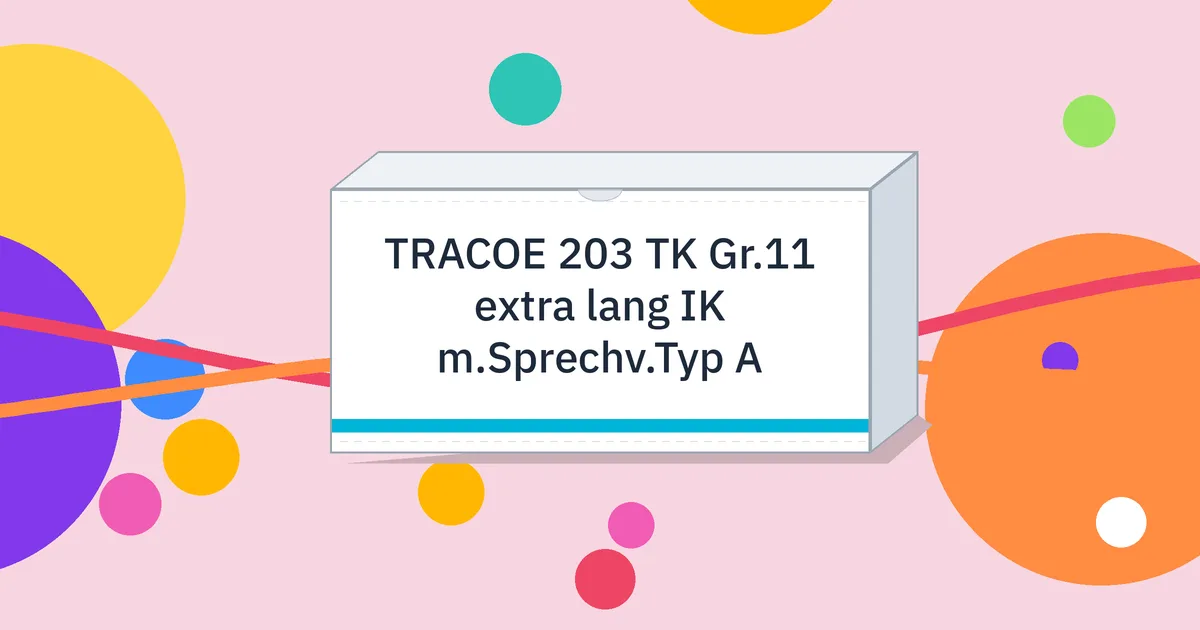 Symbolbild: Packung mit der Aufschrift TRACOE 203 TK Gr.11 extra lang IK m.Sprechv.Typ A (PZN 02719014) – Verfügbarkeit und Bezug in Apotheken in Frankfurt am Main