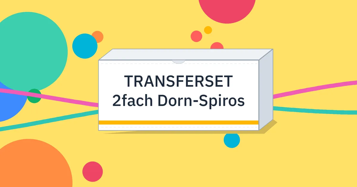 Symbolbild: Packung mit der Aufschrift TRANSFERSET 2fach Dorn-Spiros (PZN 19443148) – Verfügbarkeit und Bezug in Apotheken in Frankfurt am Main