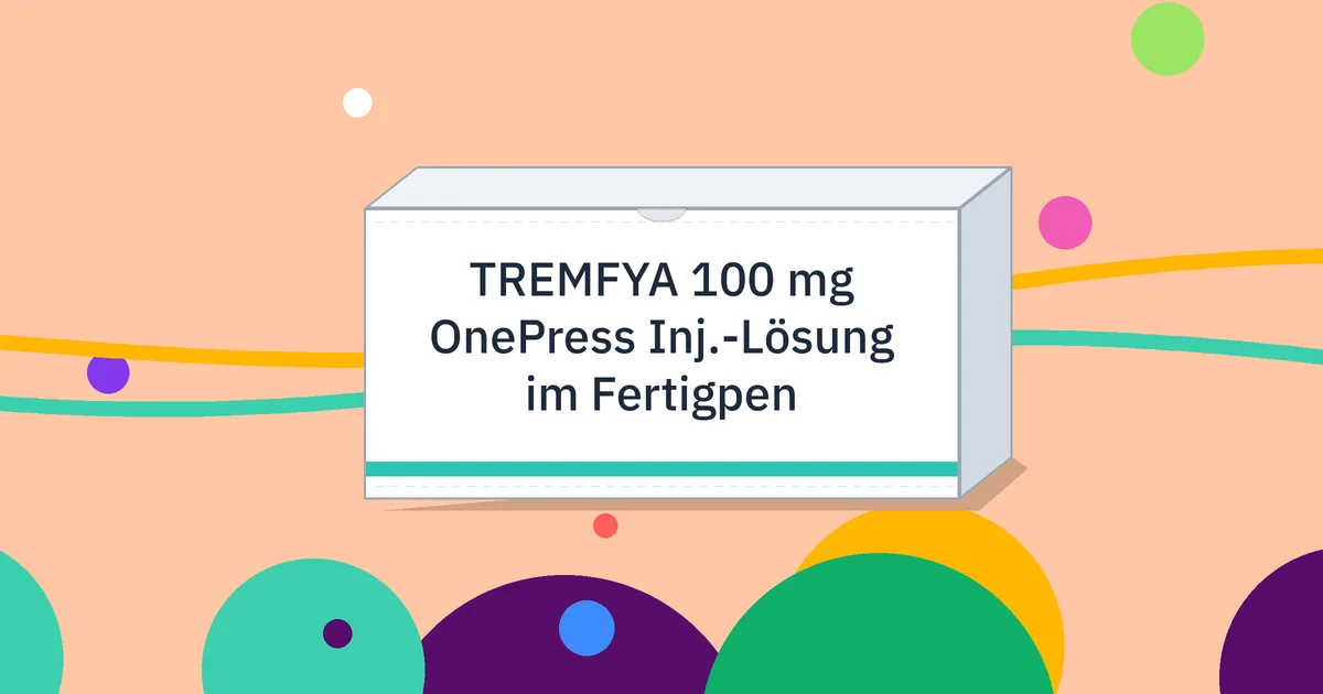 Symbolbild: Packung mit der Aufschrift TREMFYA 100 mg OnePress Inj.-Lösung im Fertigpen (PZN 20807897) – Verfügbarkeit und Bezug in Apotheken in Frankfurt am Main