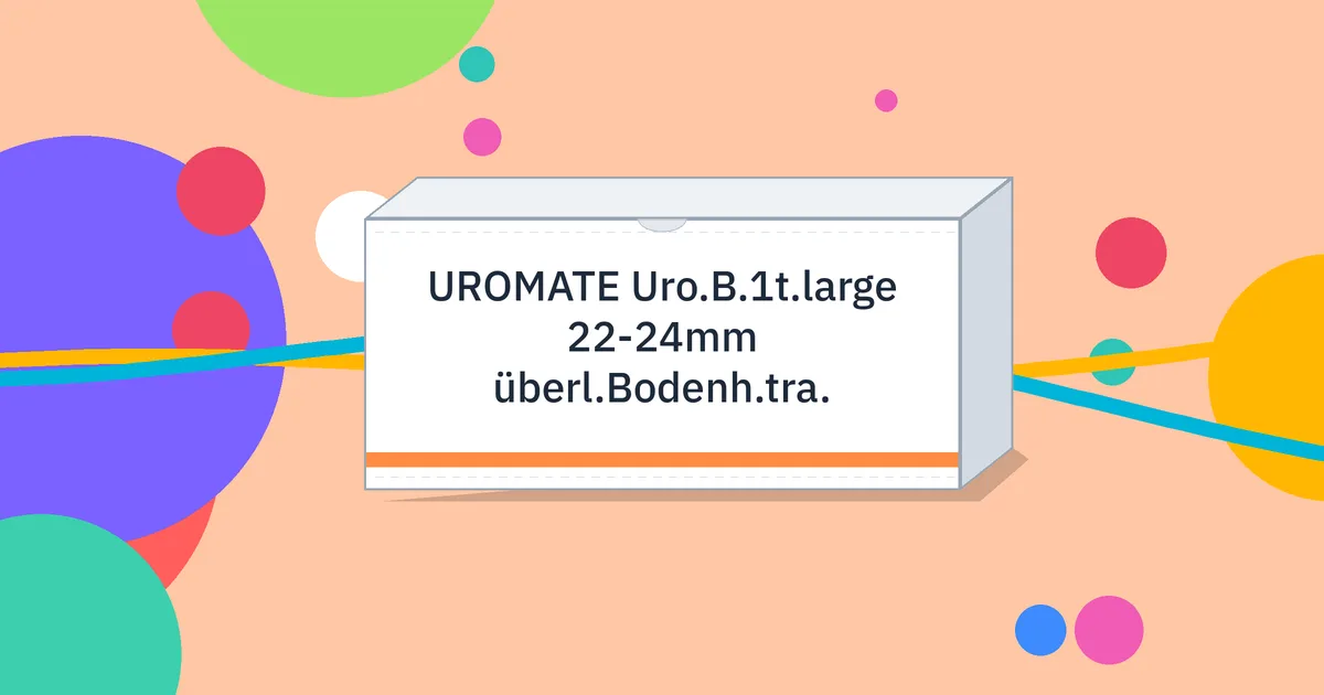 Symbolbild: Packung mit der Aufschrift UROMATE Uro.B.1t.large 22-24mm überl.Bodenh.tra. (PZN 03741257) – Verfügbarkeit und Bezug in Apotheken in Frankfurt am Main