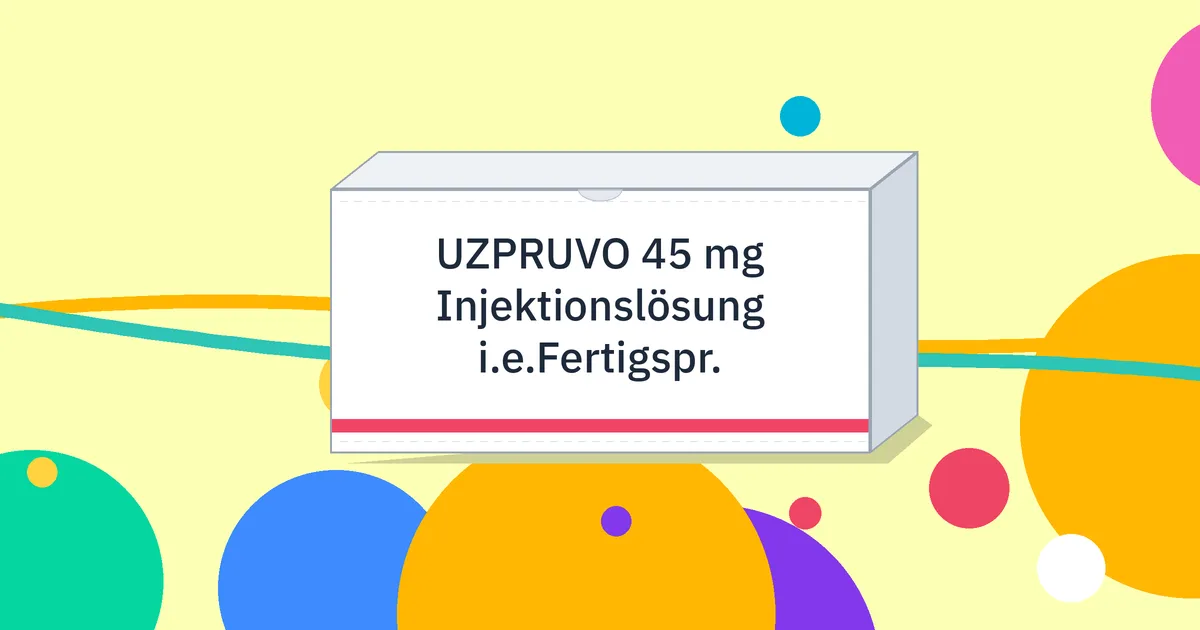 Symbolbild: Packung mit der Aufschrift UZPRUVO 45 mg Injektionslösung i.e.Fertigspr. (PZN 19493057) – Verfügbarkeit und Bezug in Apotheken in Frankfurt am Main