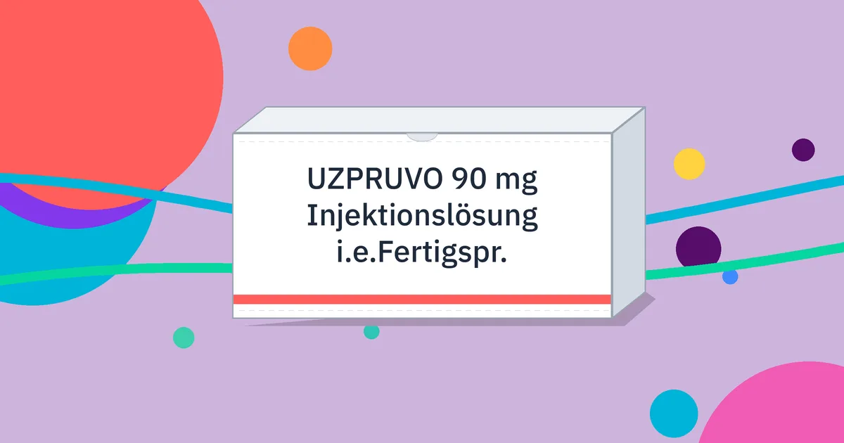 Symbolbild: Packung mit der Aufschrift UZPRUVO 90 mg Injektionslösung i.e.Fertigspr. (PZN 19927478) – Verfügbarkeit und Bezug in Apotheken in Frankfurt am Main