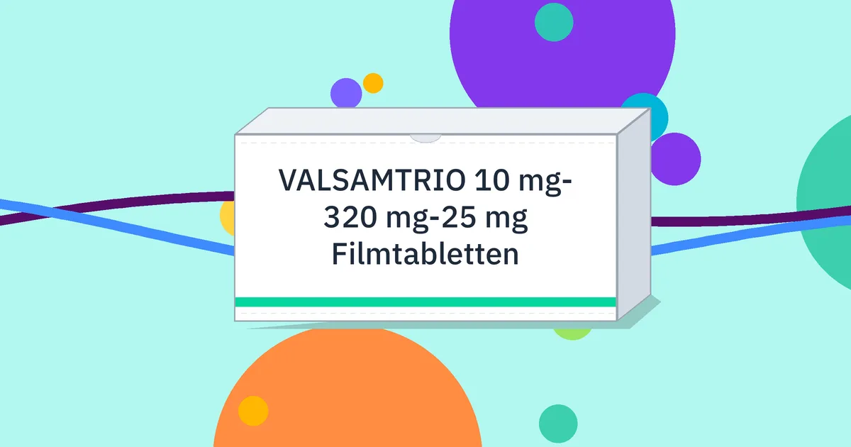 Symbolbild: Packung mit der Aufschrift VALSAMTRIO 10 mg-320 mg-25 mg Filmtabletten (PZN 18768032) – Verfügbarkeit und Bezug in Apotheken in Frankfurt am Main