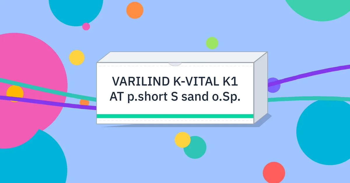 Symbolbild: Packung mit der Aufschrift VARILIND K-VITAL K1 AT p.short S sand o.Sp. (PZN 20619492) – Verfügbarkeit und Bezug in Apotheken in Frankfurt am Main