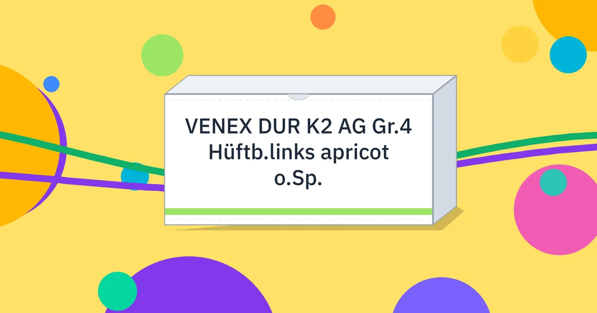 Symbolbild: Packung mit der Aufschrift VENEX DUR K2 AG Gr.4 Hüftb.links apricot o.Sp. (PZN 03231094) – Verfügbarkeit und Bezug in Apotheken in Frankfurt am Main