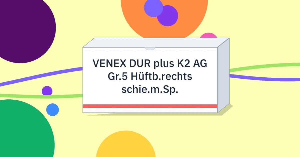 Symbolbild: Packung mit der Aufschrift VENEX DUR plus K2 AG Gr.5 Hüftb.rechts schie.m.Sp. (PZN 03238357) – Verfügbarkeit und Bezug in Apotheken in Frankfurt am Main