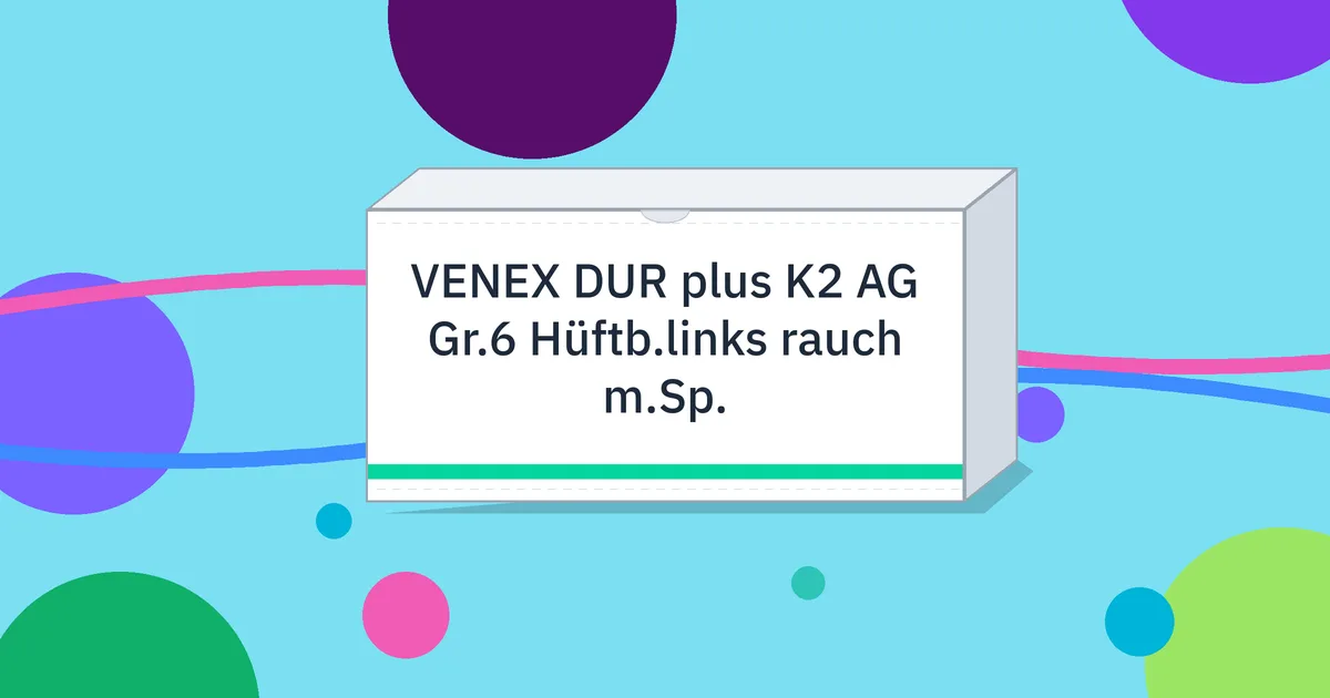 Symbolbild: Packung mit der Aufschrift VENEX DUR plus K2 AG Gr.6 Hüftb.links rauch m.Sp. (PZN 03238564) – Verfügbarkeit und Bezug in Apotheken in Frankfurt am Main