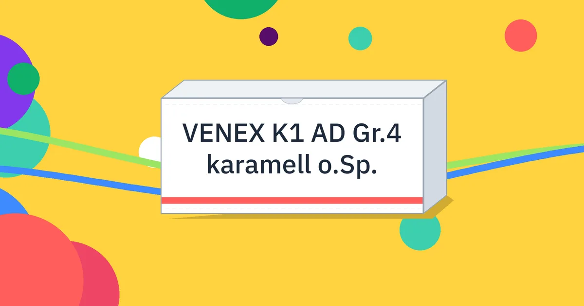 Symbolbild: Packung mit der Aufschrift VENEX K1 AD Gr.4 karamell o.Sp. (PZN 13757288) – Verfügbarkeit und Bezug in Apotheken in Frankfurt am Main