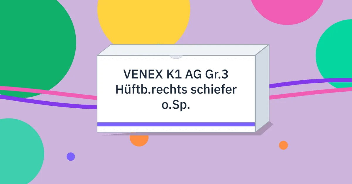 Symbolbild: Packung mit der Aufschrift VENEX K1 AG Gr.3 Hüftb.rechts schiefer o.Sp. (PZN 03208089) – Verfügbarkeit und Bezug in Apotheken in Frankfurt am Main