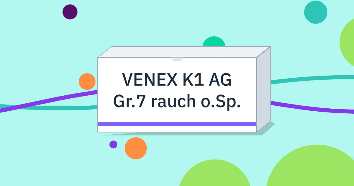 Symbolbild: Packung mit der Aufschrift VENEX K1 AG Gr.7 rauch o.Sp. (PZN 03188369) – Verfügbarkeit und Bezug in Apotheken in Frankfurt am Main