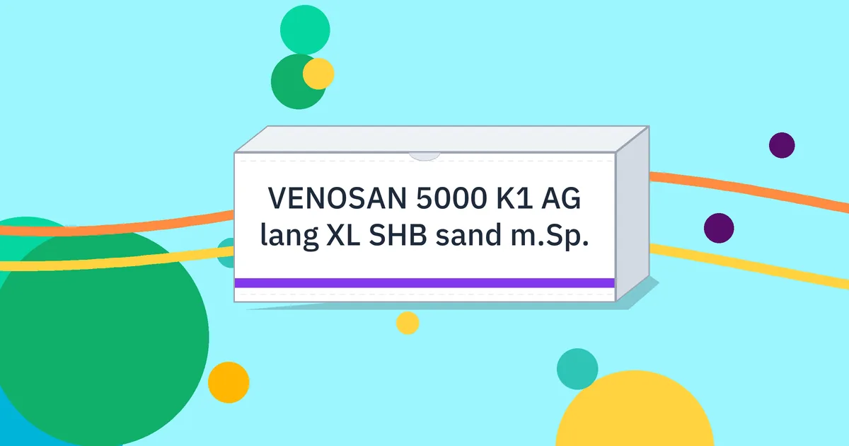 Symbolbild: Packung mit der Aufschrift VENOSAN 5000 K1 AG lang XL SHB sand m.Sp. (PZN 14428339) – Verfügbarkeit und Bezug in Apotheken in Frankfurt am Main