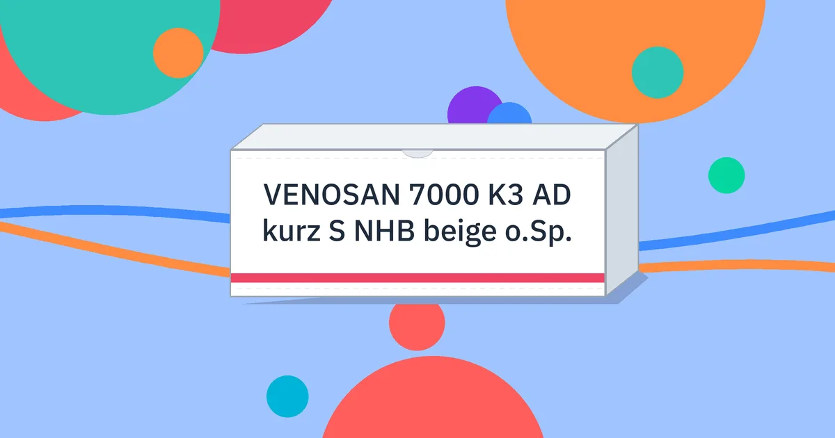 Symbolbild: Packung mit der Aufschrift VENOSAN 7000 K3 AD kurz S NHB beige o.Sp. (PZN 14435210) – Verfügbarkeit und Bezug in Apotheken in Frankfurt am Main