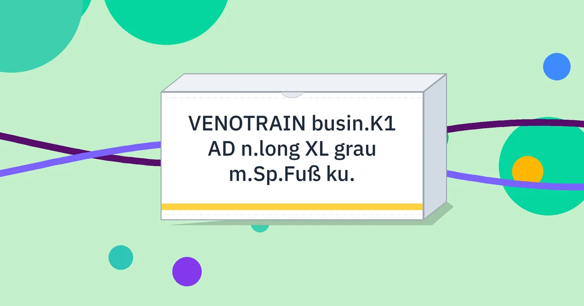 Symbolbild: Packung mit der Aufschrift VENOTRAIN busin.K1 AD n.long XL grau m.Sp.Fuß ku. (PZN 19057221) – Verfügbarkeit und Bezug in Apotheken in Frankfurt am Main
