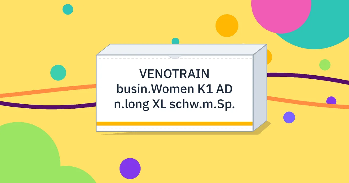 Symbolbild: Packung mit der Aufschrift VENOTRAIN busin.Women K1 AD n.long XL schw.m.Sp. (PZN 10195424) – Verfügbarkeit und Bezug in Apotheken in Frankfurt am Main