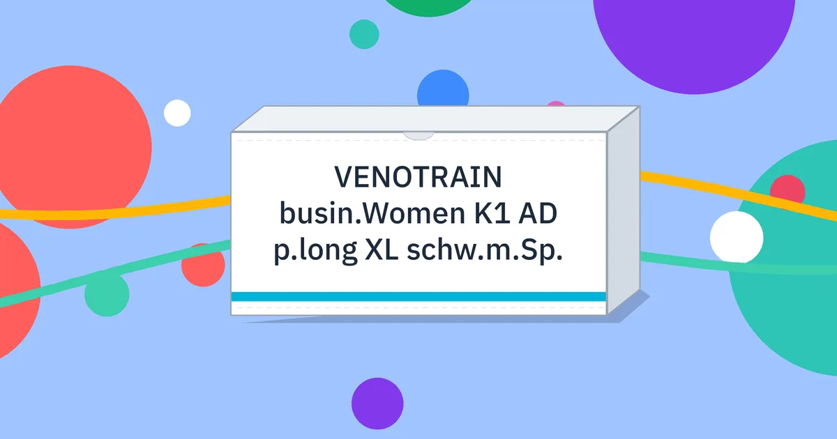 Symbolbild: Packung mit der Aufschrift VENOTRAIN busin.Women K1 AD p.long XL schw.m.Sp. (PZN 10195513) – Verfügbarkeit und Bezug in Apotheken in Frankfurt am Main