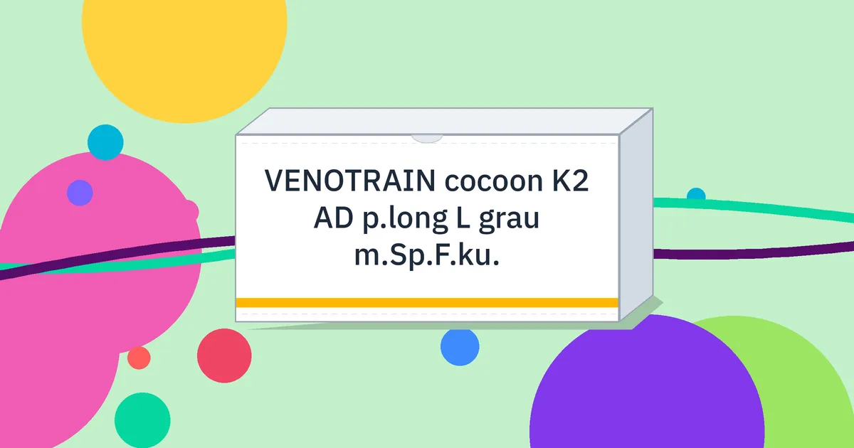 Symbolbild: Packung mit der Aufschrift VENOTRAIN cocoon K2 AD p.long L grau m.Sp.F.ku. (PZN 19198660) – Verfügbarkeit und Bezug in Apotheken in Frankfurt am Main