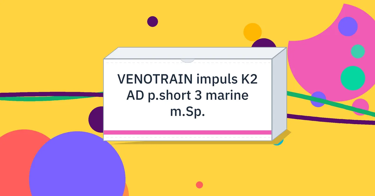 Symbolbild: Packung mit der Aufschrift VENOTRAIN impuls K2 AD p.short 3 marine m.Sp. (PZN 15221215) – Verfügbarkeit und Bezug in Apotheken in Frankfurt am Main