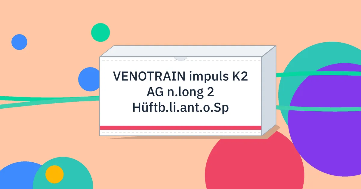 Symbolbild: Packung mit der Aufschrift VENOTRAIN impuls K2 AG n.long 2 Hüftb.li.ant.o.Sp (PZN 15219690) – Verfügbarkeit und Bezug in Apotheken in Frankfurt am Main