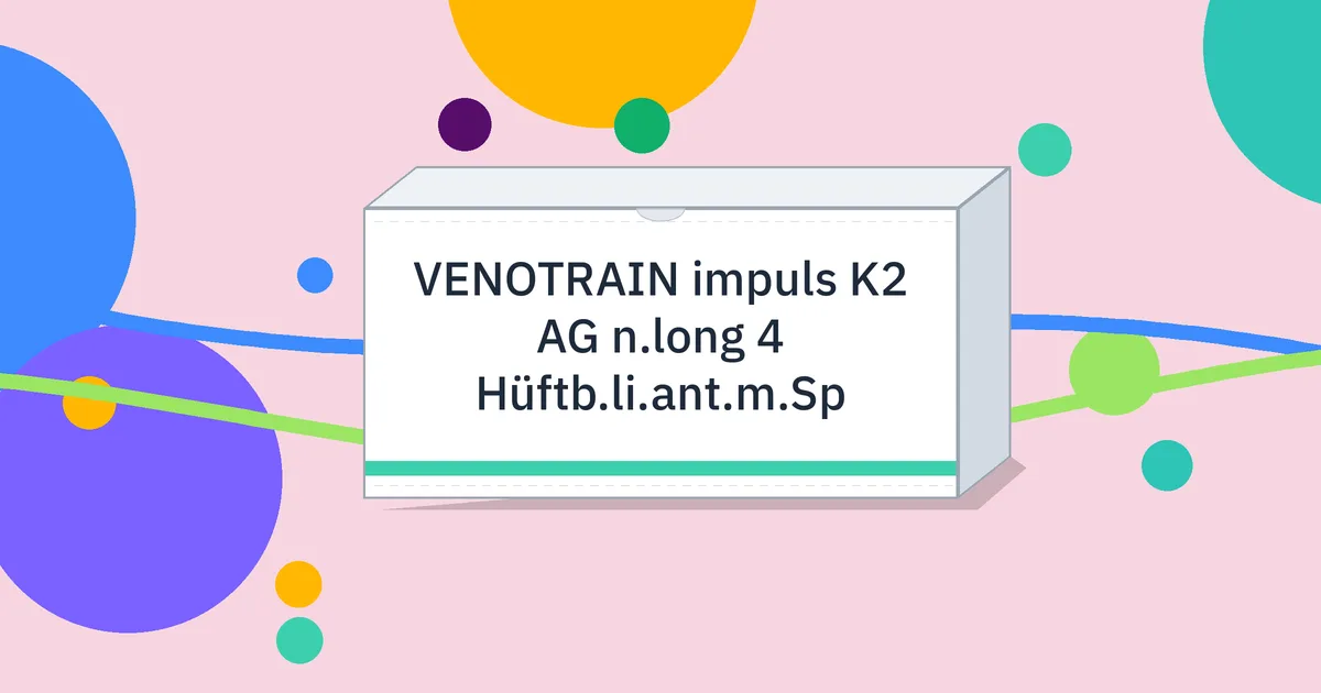 Symbolbild: Packung mit der Aufschrift VENOTRAIN impuls K2 AG n.long 4 Hüftb.li.ant.m.Sp (PZN 15219419) – Verfügbarkeit und Bezug in Apotheken in Frankfurt am Main