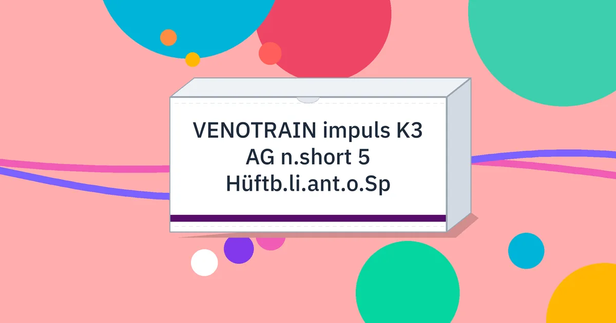 Symbolbild: Packung mit der Aufschrift VENOTRAIN impuls K3 AG n.short 5 Hüftb.li.ant.o.Sp (PZN 15220807) – Verfügbarkeit und Bezug in Apotheken in Frankfurt am Main