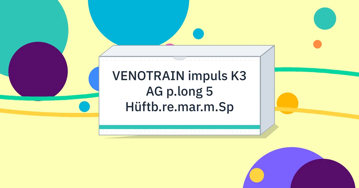 Symbolbild: Packung mit der Aufschrift VENOTRAIN impuls K3 AG p.long 5 Hüftb.re.mar.m.Sp (PZN 15217797) – Verfügbarkeit und Bezug in Apotheken in Frankfurt am Main