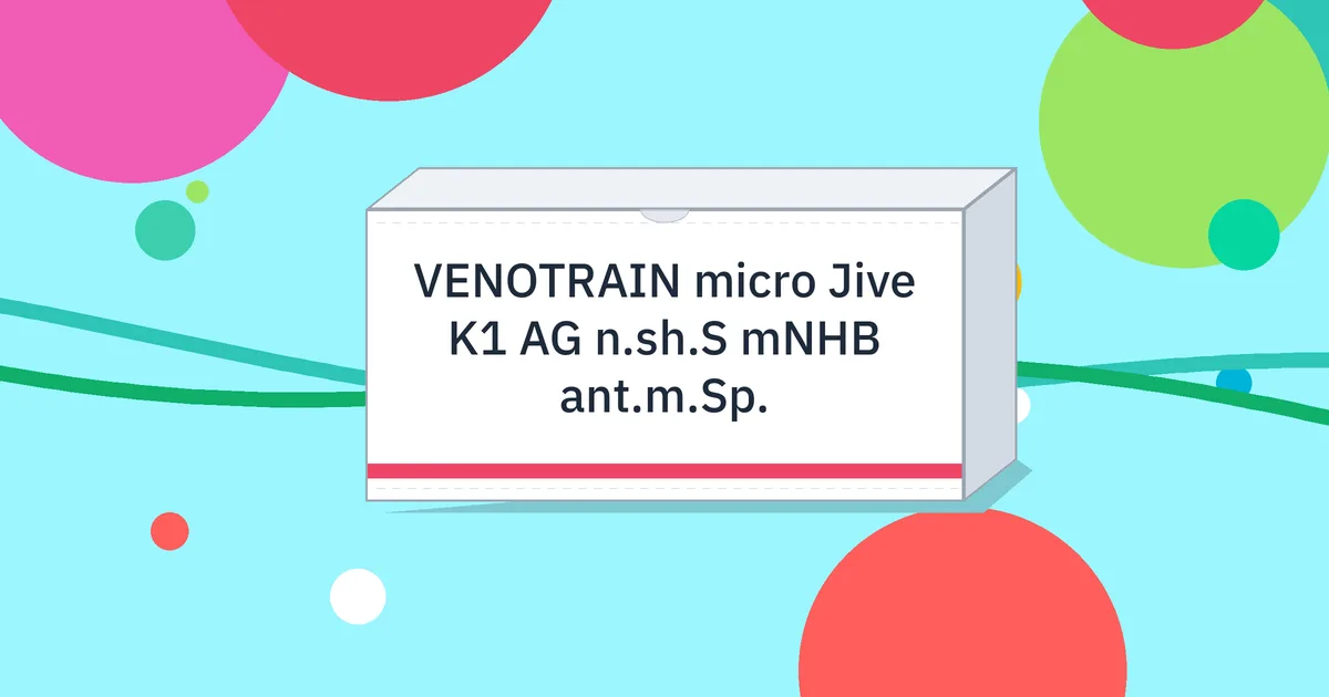 Symbolbild: Packung mit der Aufschrift VENOTRAIN micro Jive K1 AG n.sh.S mNHB ant.m.Sp. (PZN 17760985) – Verfügbarkeit und Bezug in Apotheken in Frankfurt am Main
