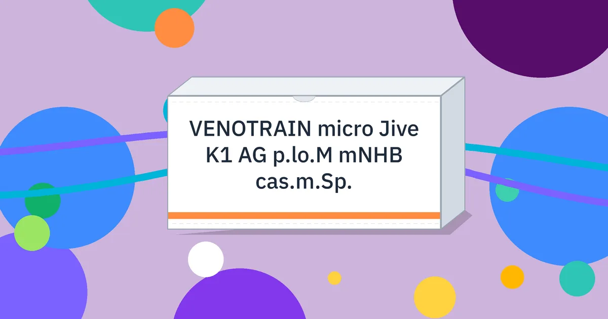 Symbolbild: Packung mit der Aufschrift VENOTRAIN micro Jive K1 AG p.lo.M mNHB cas.m.Sp. (PZN 20766402) – Verfügbarkeit und Bezug in Apotheken in Frankfurt am Main