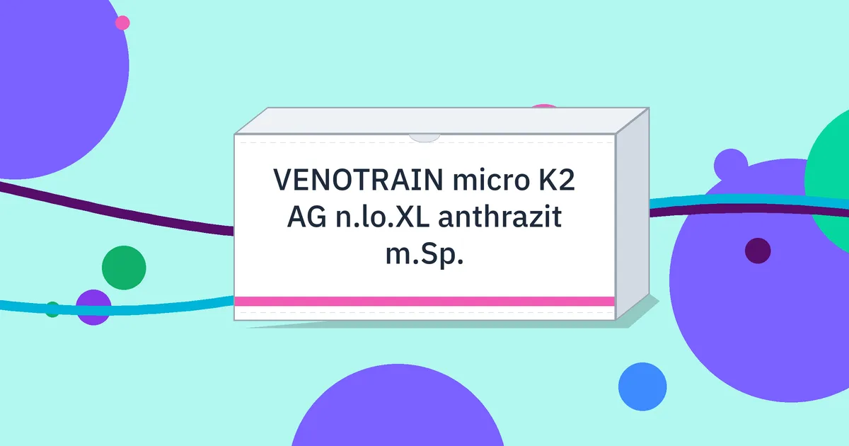 Symbolbild: Packung mit der Aufschrift VENOTRAIN micro K2 AG n.lo.XL anthrazit m.Sp. (PZN 11061708) – Verfügbarkeit und Bezug in Apotheken in Frankfurt am Main