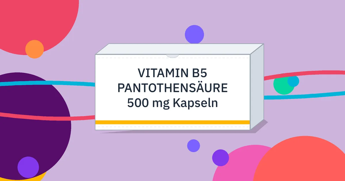 Symbolbild: Packung mit der Aufschrift VITAMIN B5 PANTOTHENSÄURE 500 mg Kapseln (PZN 18369674) – Verfügbarkeit und Bezug in Apotheken in Frankfurt am Main