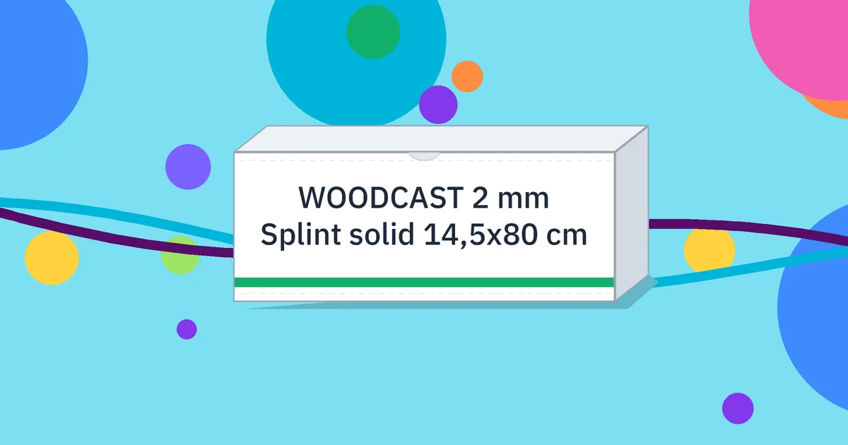 Symbolbild: Packung mit der Aufschrift WOODCAST 2 mm Splint solid 14,5x80 cm (PZN 11598822) – Verfügbarkeit und Bezug in Apotheken in Frankfurt am Main
