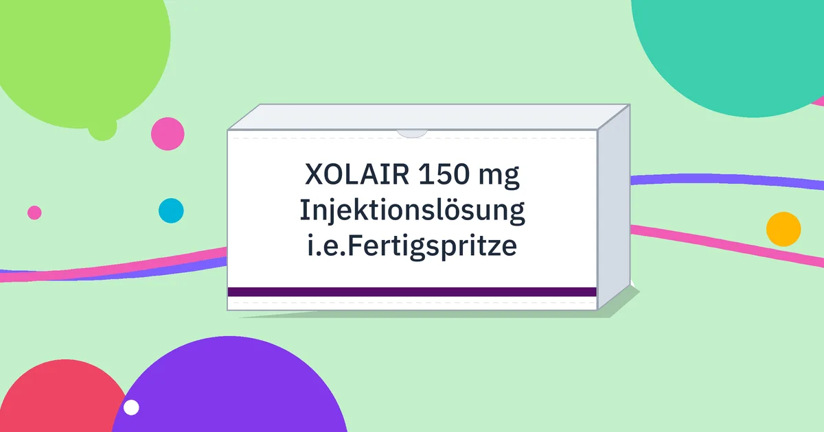 Symbolbild: Packung mit der Aufschrift XOLAIR 150 mg Injektionslösung i.e.Fertigspritze (PZN 14214756) – Verfügbarkeit und Bezug in Apotheken in Frankfurt am Main